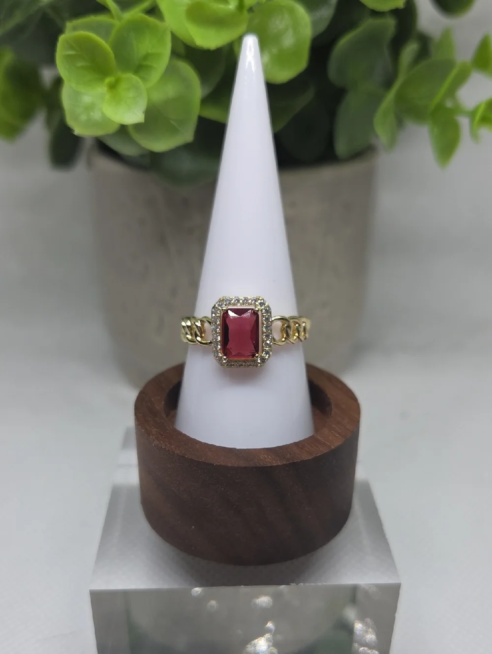 Jewelry | Gold Ring With Red Emeraldcut Center Stone And Pav Halo ...